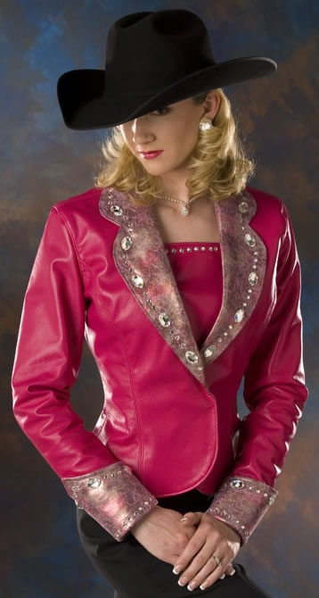 D'Anton Leather Co. features Dark Fuchsia Jacket w/ Rose Marabella Trim